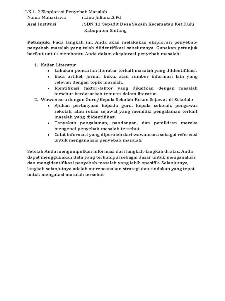 LK 1.2 Eksplorasi Penyebab Masalah, Linu Juliana, S.PD | PDF LK 1.2 Eksplorasi Penyebab Masalah, Linu Juliana, S.PD | PDF