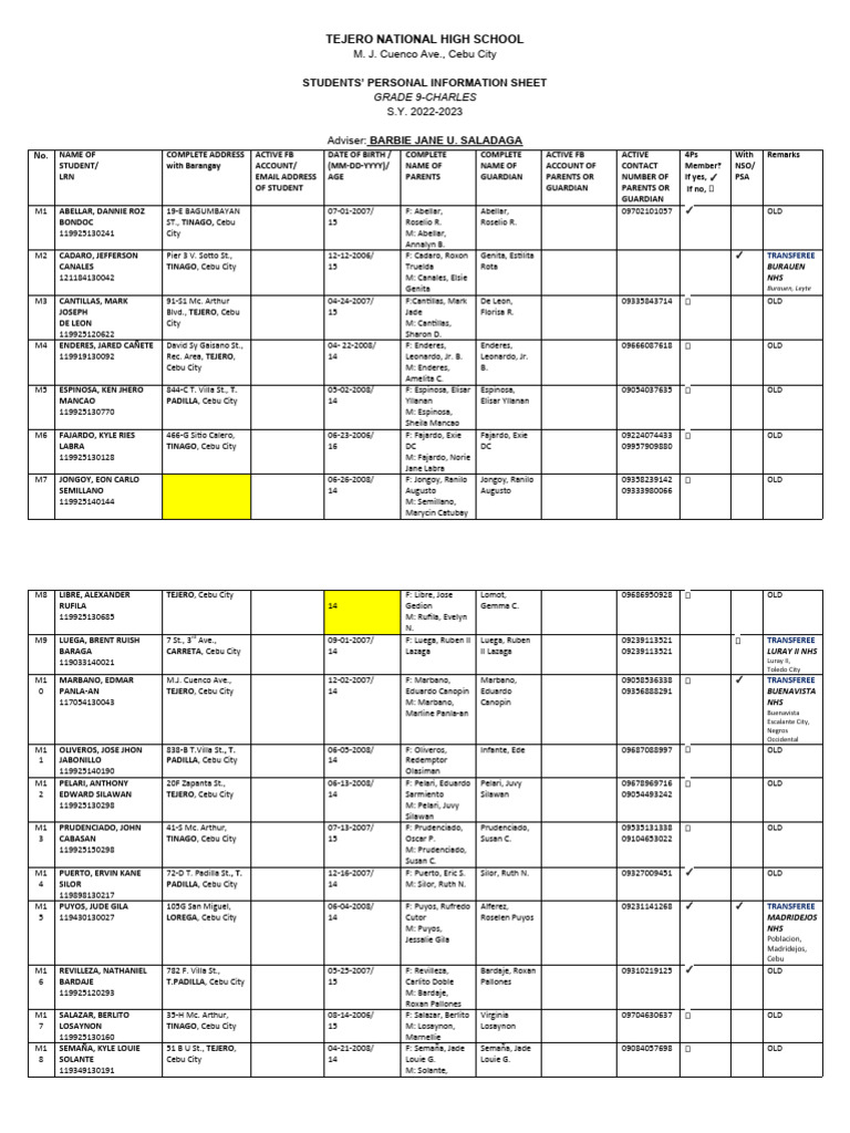Students Personal Information Sheet | PDF