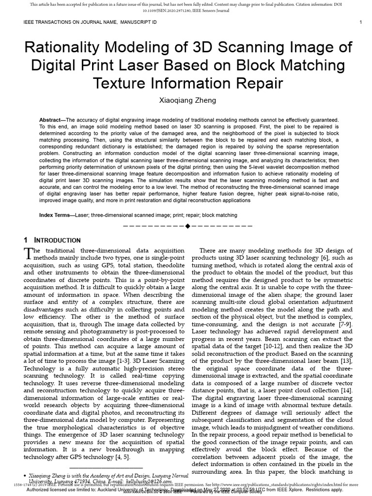 Rationality Modeling of 3D Scanning Image ofDigital Print Laser Based on Block MatchingTexture ...