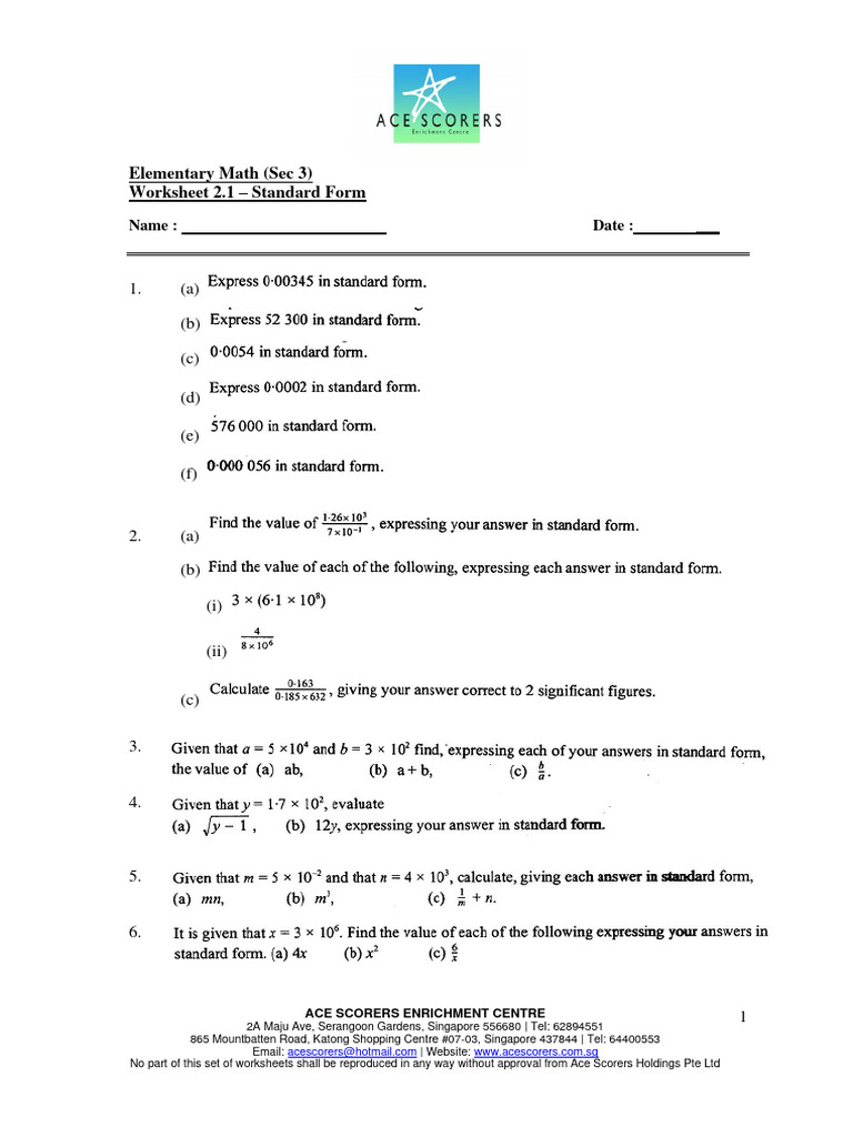 Worksheet 2 1 Standard Form Pdf