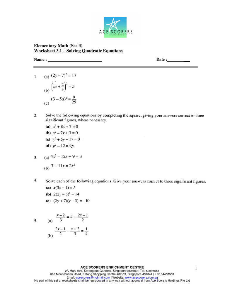 Worksheet 3 1 Solving Quadratic Equations Pdf Elementary