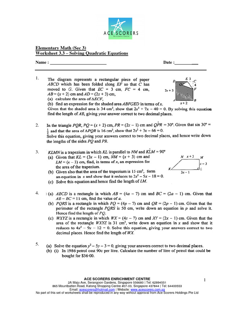 Worksheet 3.3 - Solving Quadratic Equations | PDF
