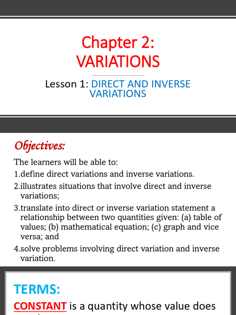 Lesson 1 Direct and Inverse Variations | PDF | Variable (Mathematics ...