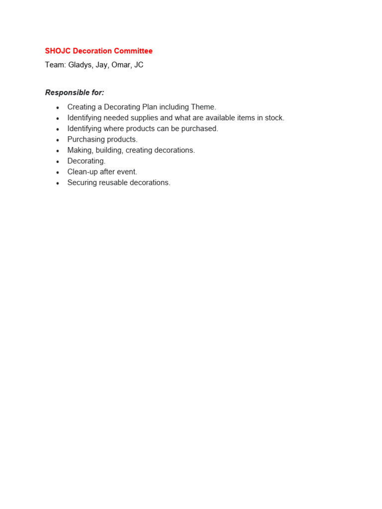 Event Decoration Planning Team | PDF