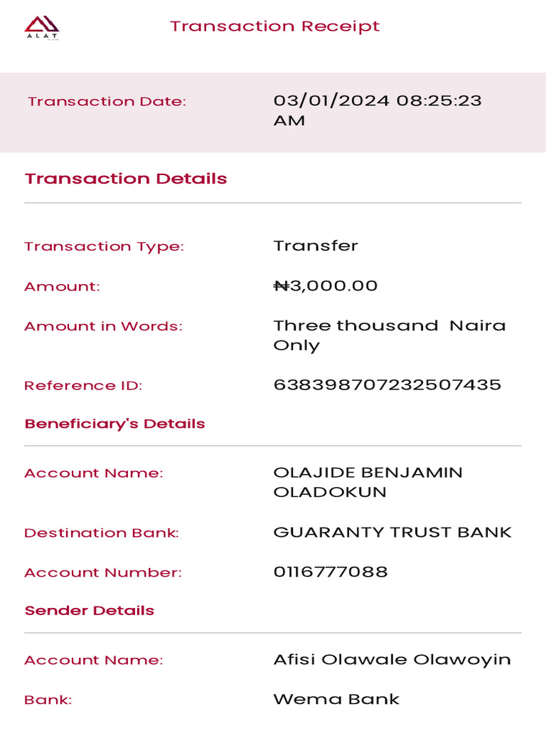 ALAT Transfer Receipt - OLAJIDE BENJAMIN OLADOKUN - 0116777088 - 3,000.00 - Wednesday, January 3 ...