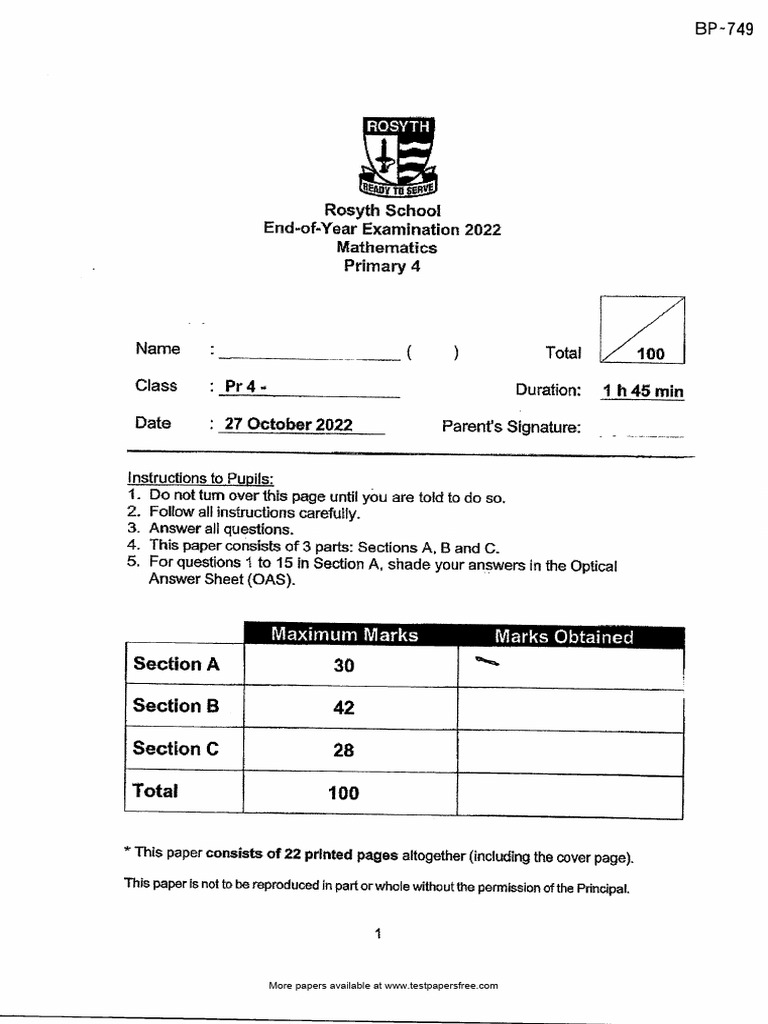 2022 p4 Math Sa2 Rosyth | PDF