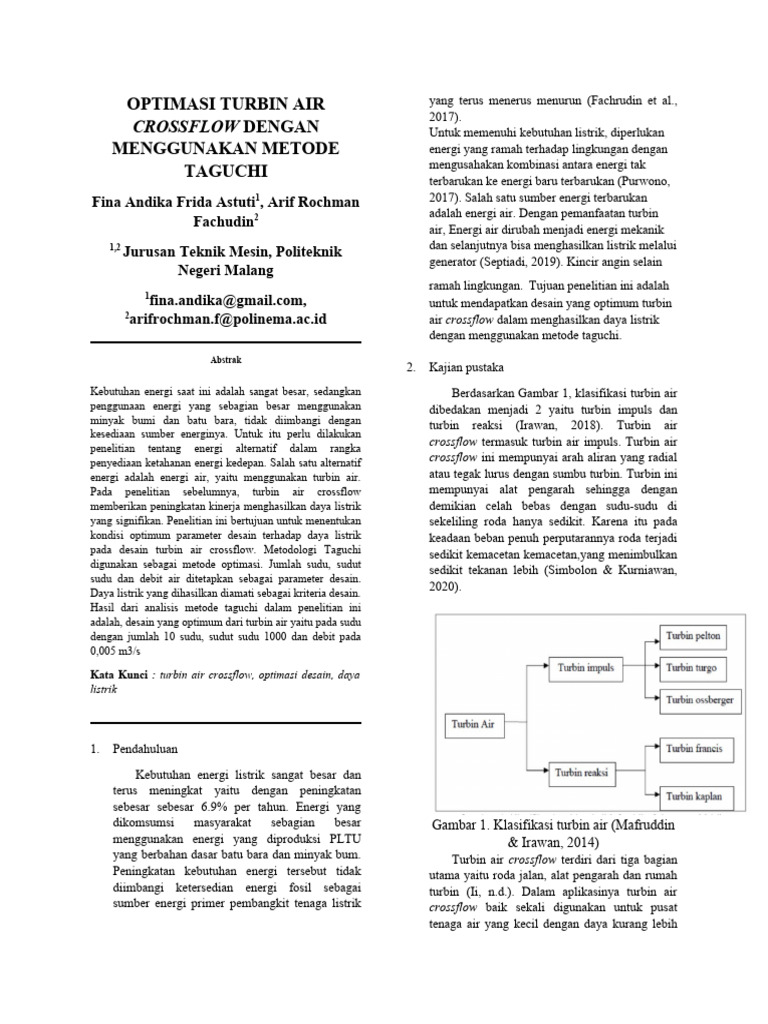 Jurnal Optimasi Turbin Air Crossflow Dengan Menggunakan Metode Taguchi Rio Pratama | PDF