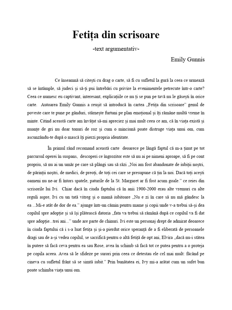 Fetița Din Scrisoare-Text Argumentativ | PDF