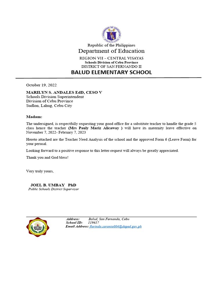 Letter Request For A Substitute Teacher | PDF