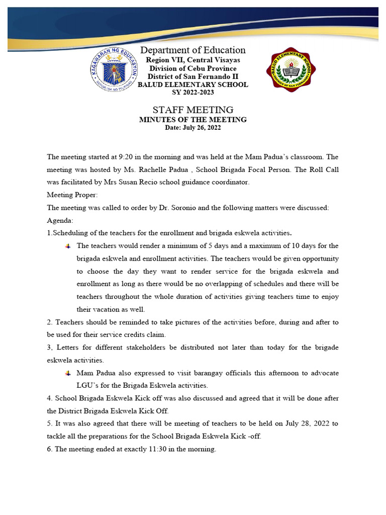 Meeting Minutes Brigada Eskwela | PDF