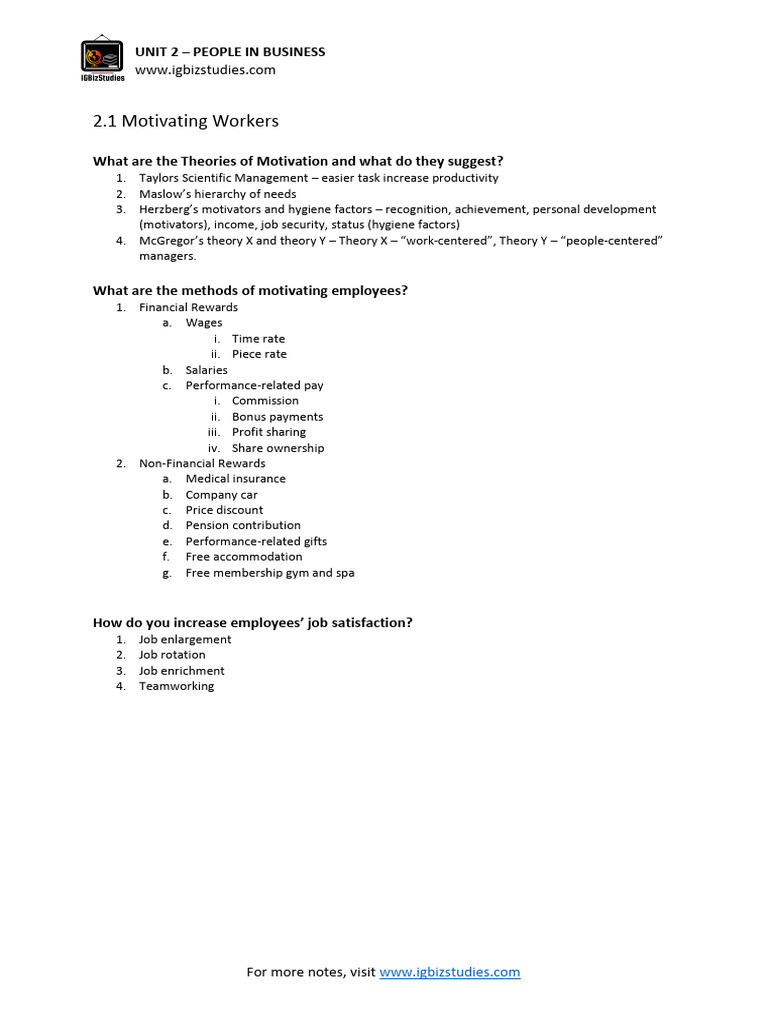 Unit 2.1 Motivating Workers Notes - People in Business | PDF