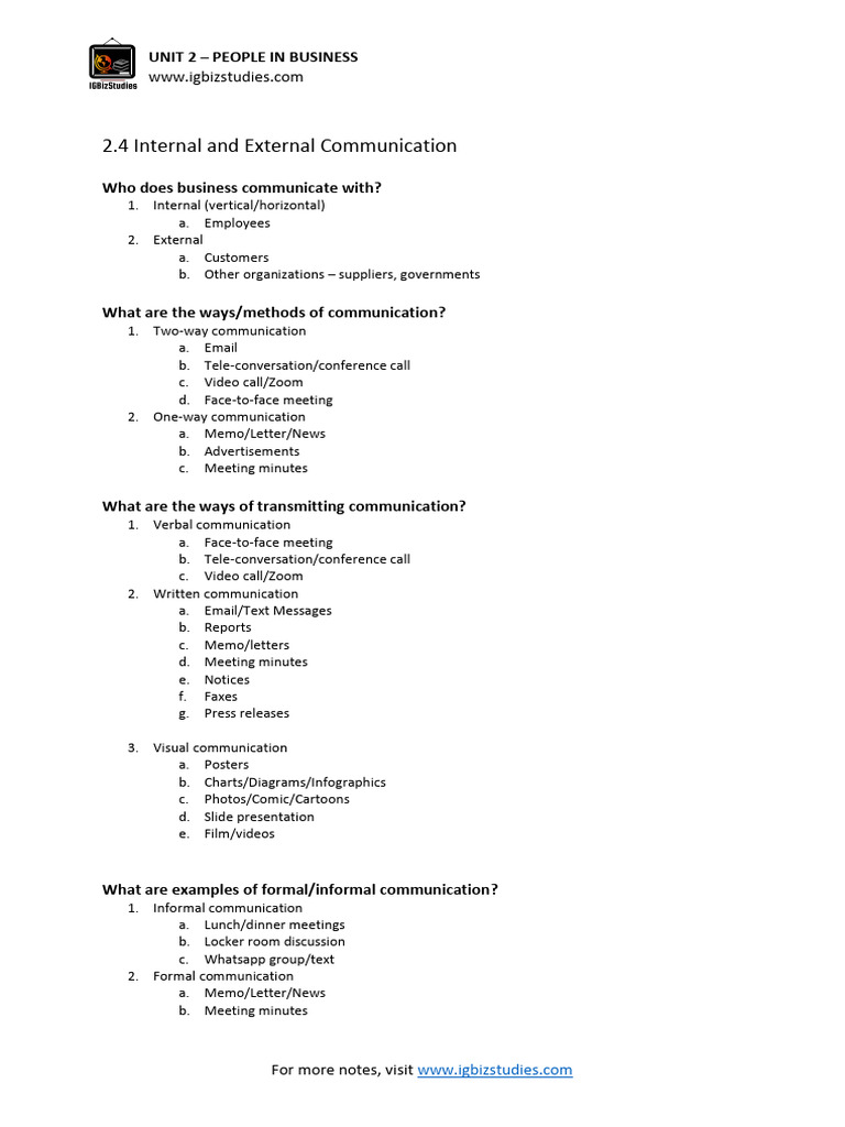 Unit 2.4 Internal and External Communication - People in Business | PDF