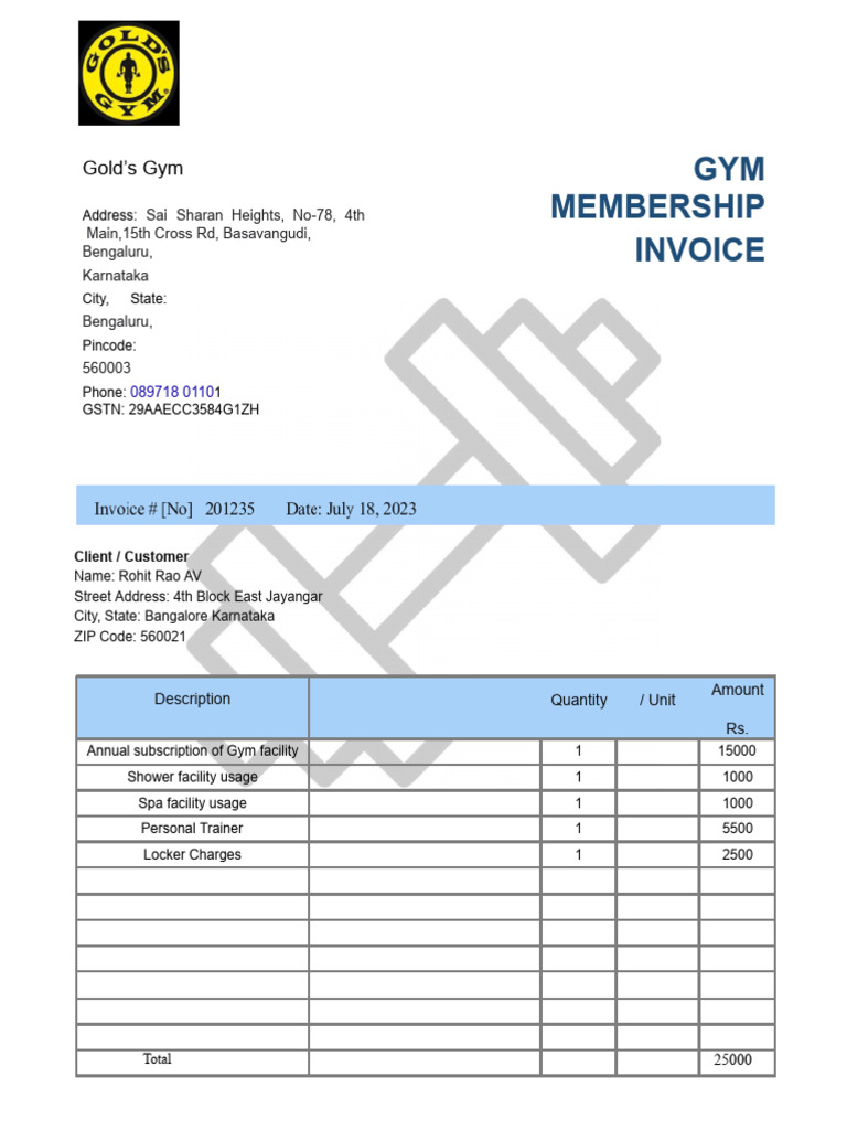 Gold's Gym Membership Invoice | PDF