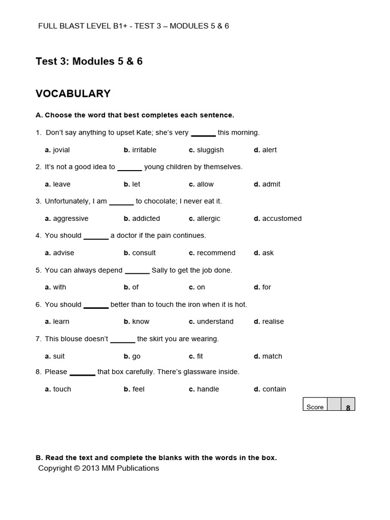 Full Blast - British - Level - B1+ - Test 3 - Mod - 5 & 6 | PDF ...