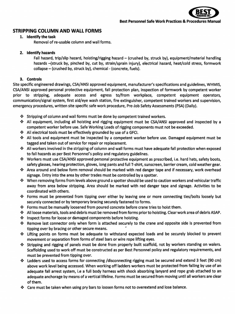 Stripping Column and Wall Forms SWP | PDF