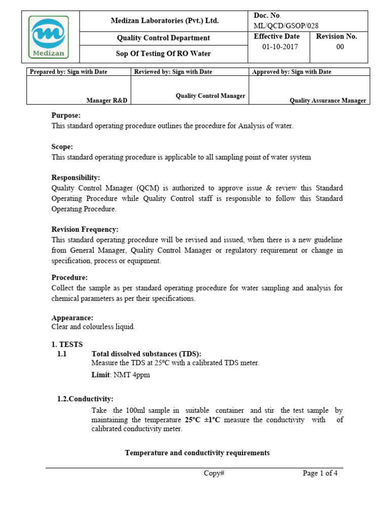ro water sop (1) | PDF | Potassium Chloride | Ph