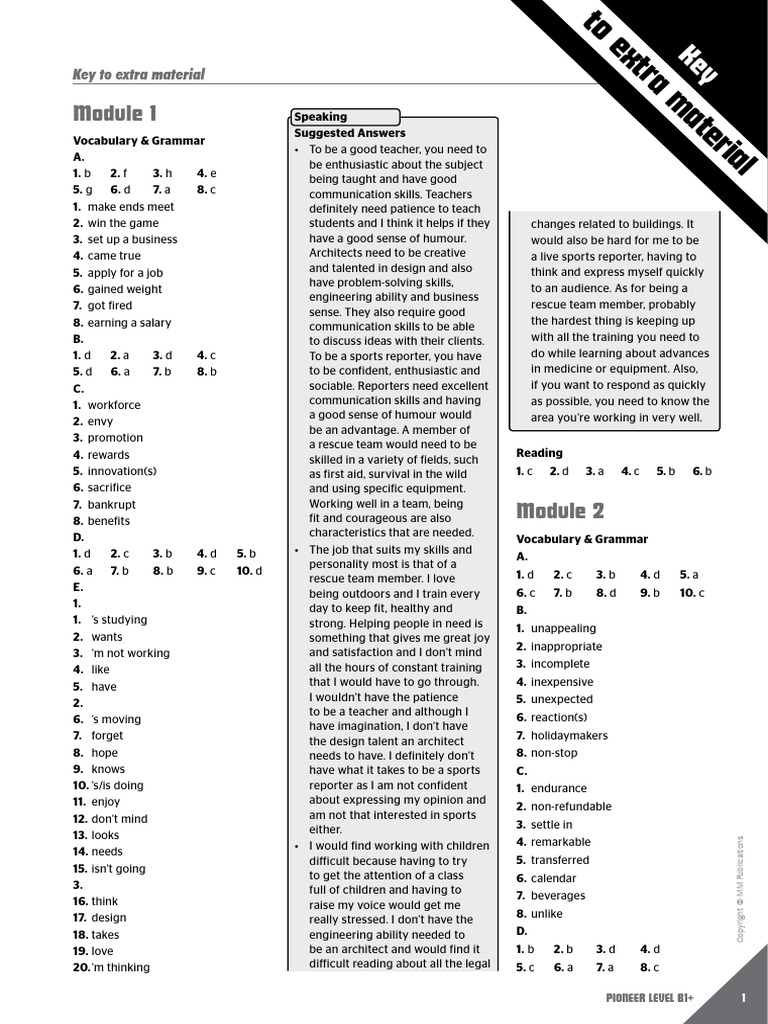 Pioneer British Level B1Plus Extra Material KEY | PDF