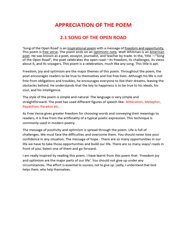 Appreciation of "Song of the Open Road" | PDF | Poetry