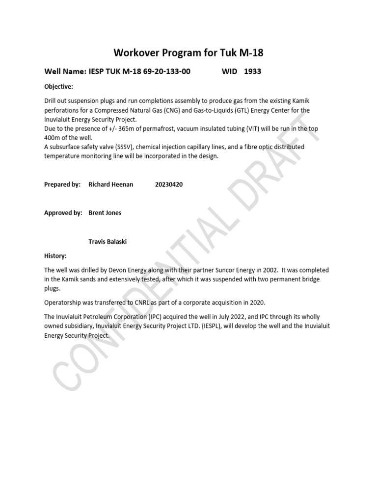 M-18 Workover Program (DRAFT) 202304020 - Watermark DRAFT | PDF | Casing (Borehole) | Pipe ...