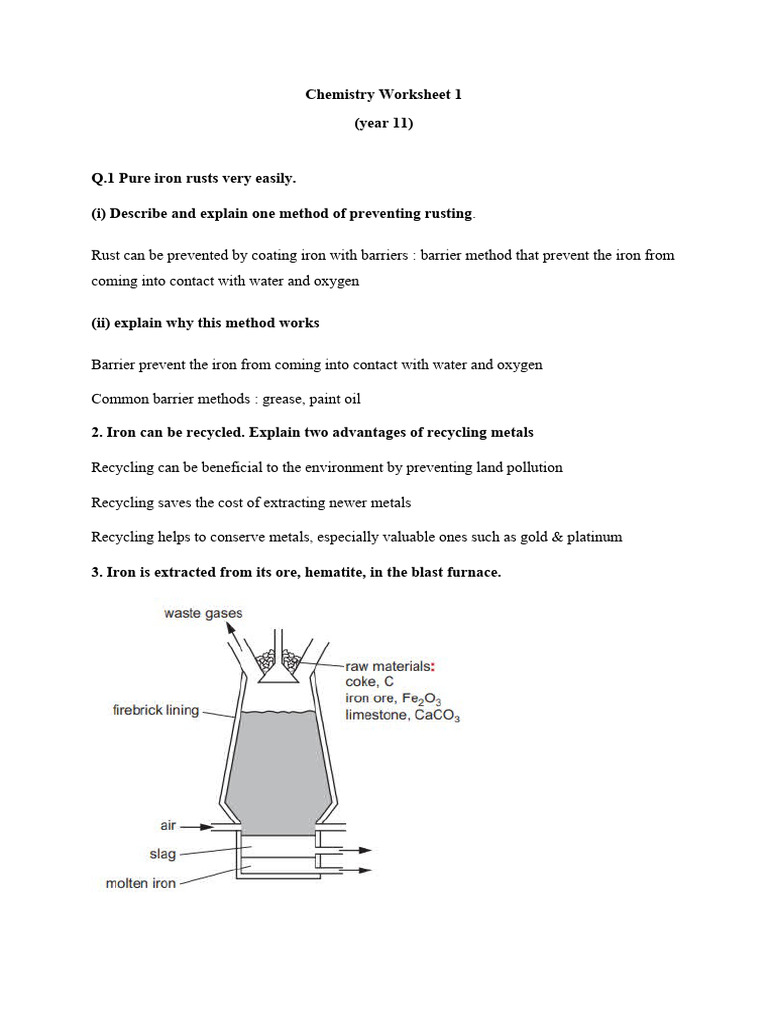 Year 11 Chemistry Worksheet on Rusting, Recycling, and Reactions | PDF ...