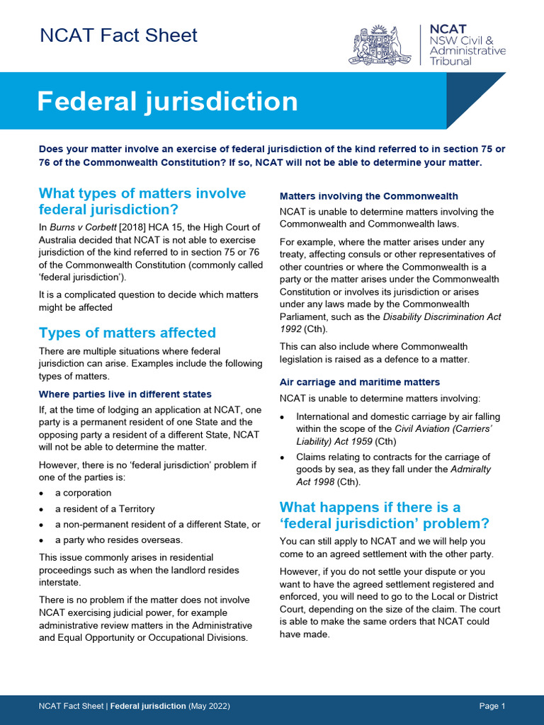 Ncat Factsheet Federal Jurisdiction | PDF