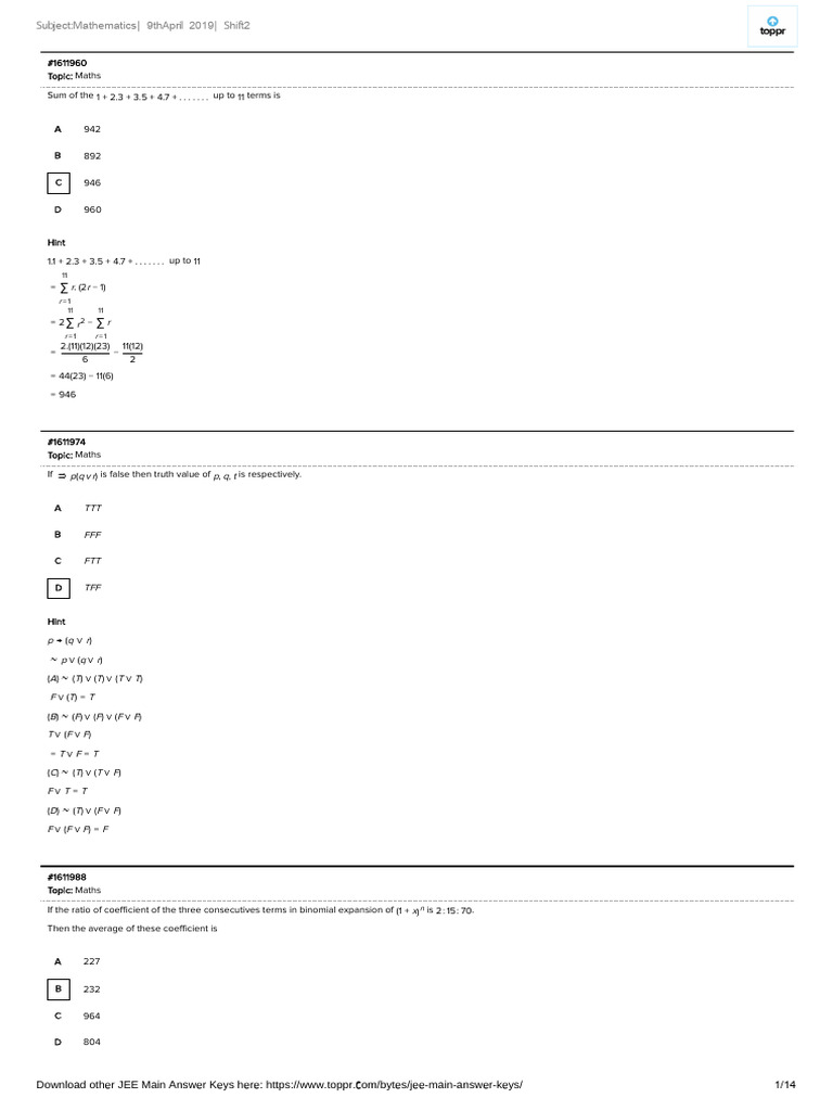 JEE Main Answer Key Mathematics 9th April 2019 Shift 2 | PDF
