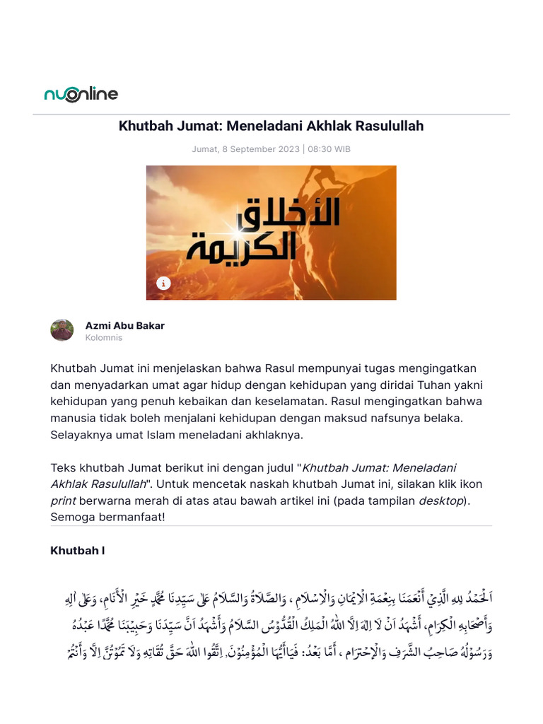 Khutbah Jumat - Meneladani Akhlak Rasulullah NU Online | PDF Khutbah Jumat - Meneladani Akhlak Rasulullah NU Online | PDF