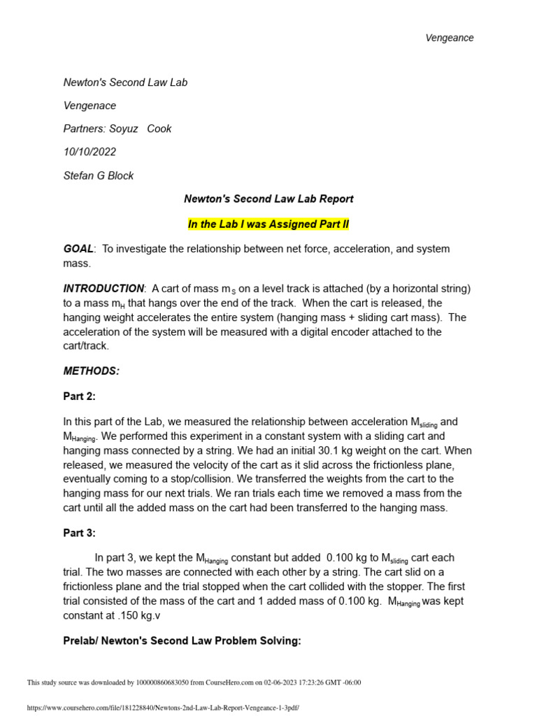 Newtons 2nd Law Lab Report Vengeance 1 3 PDF | PDF