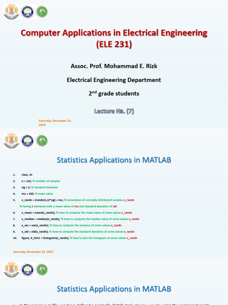 MATLAB 2Elec Lec7 Statistics | PDF | Normal Distribution | Histogram