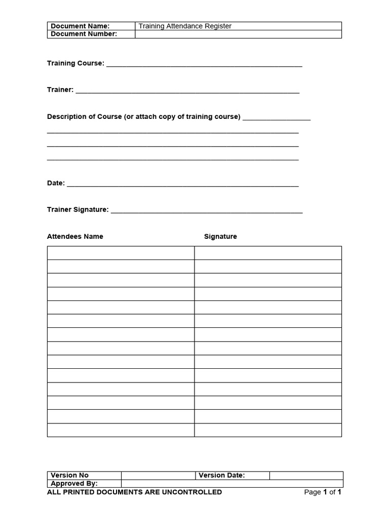 Training Attendance Register Template | PDF