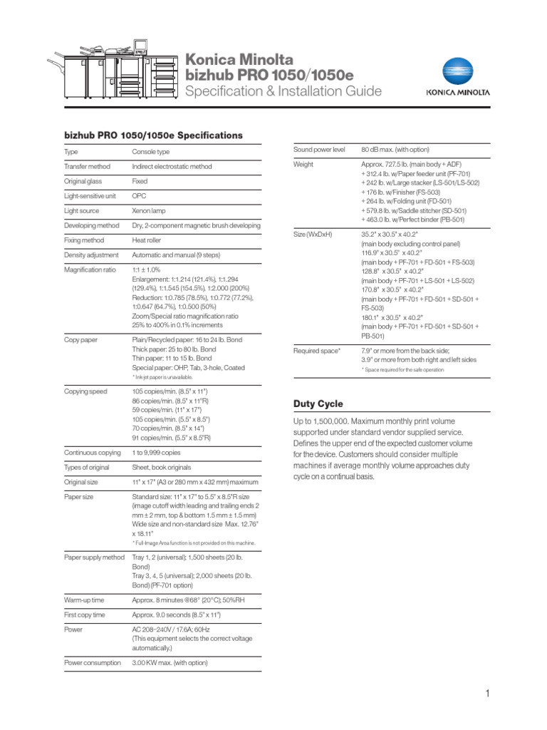 Bizhub PRO 1050 1050e Spec Install Guide | PDF