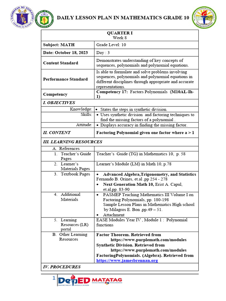 Dlp-Math-10-Q1-Week 8-Day-3 | PDF | Mathematics | Factorization