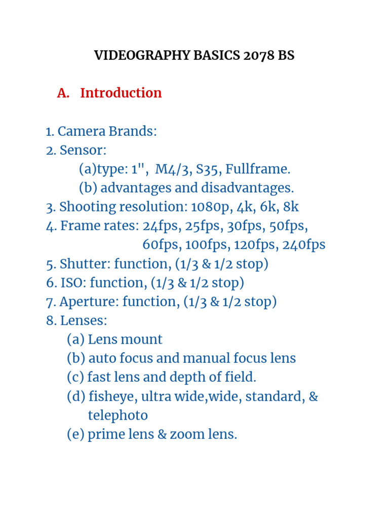 Videography Basics Guide 2078 BS | PDF | Camera Lens | Film Speed