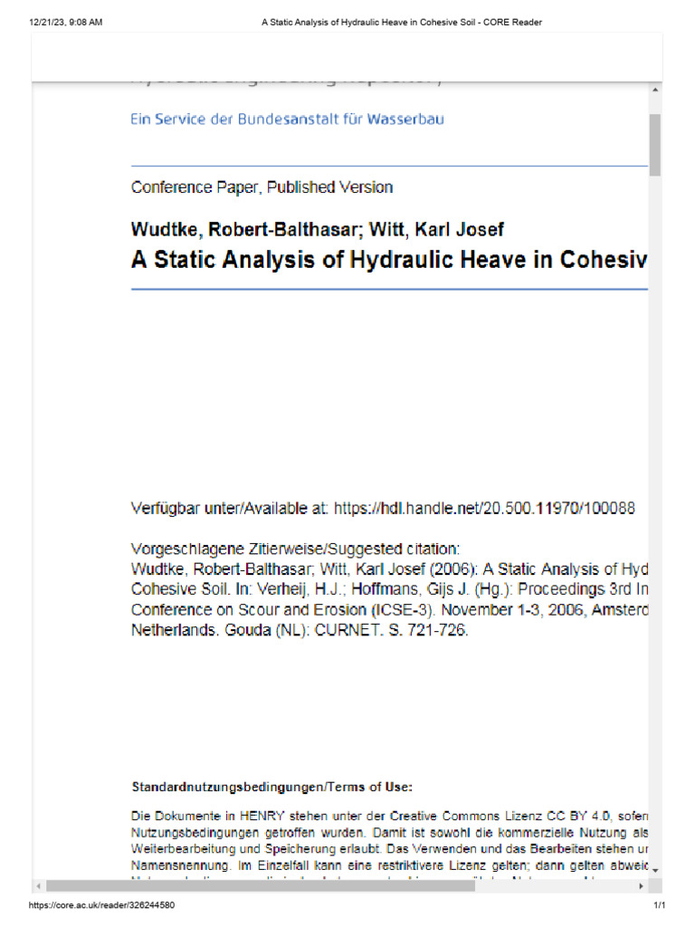 A Static Analysis of Hydraulic Heave in Cohesive Soil - CORE Reader | PDF