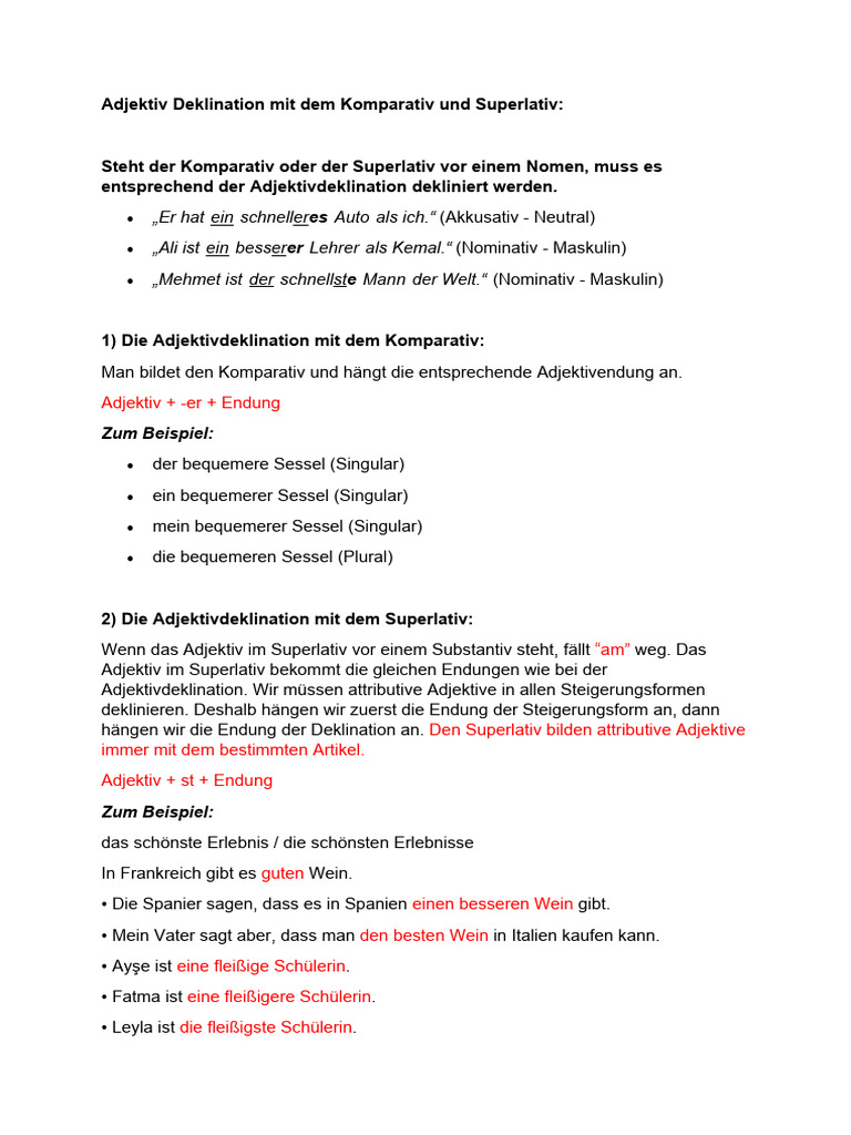 Adjektiv Deklination Mit Dem Komparativ Und Superlativ | PDF