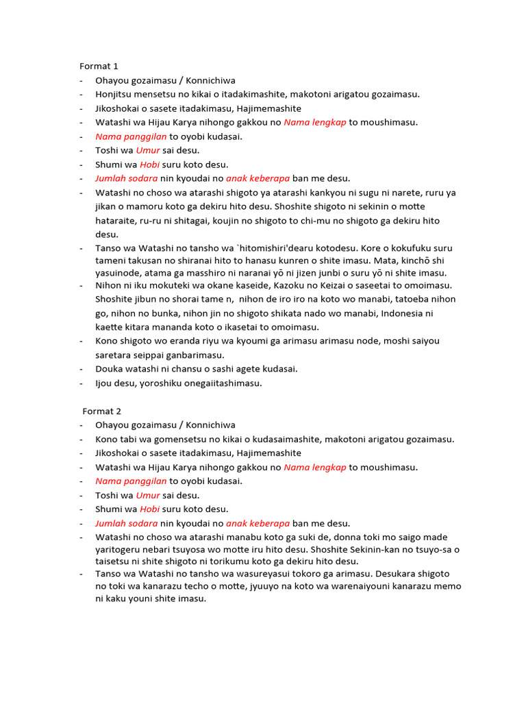 Format Jikoshokai | PDF | Seni & Disiplin Bahasa