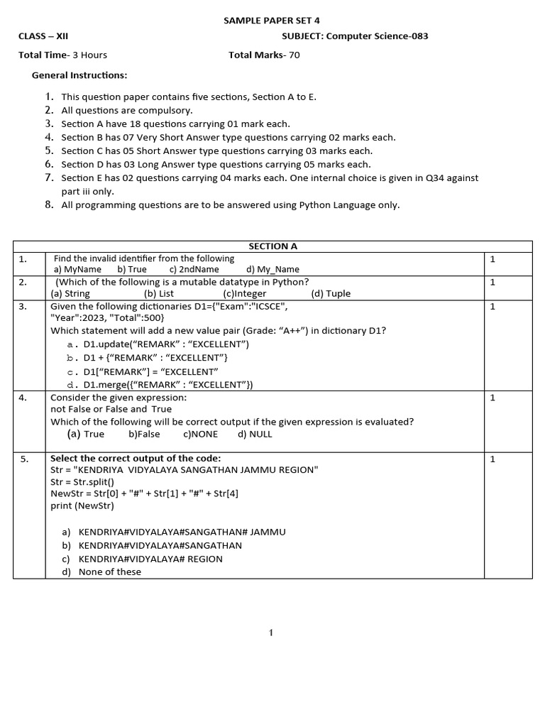 Class 12 Computer Science Sample Paper | PDF | Computers