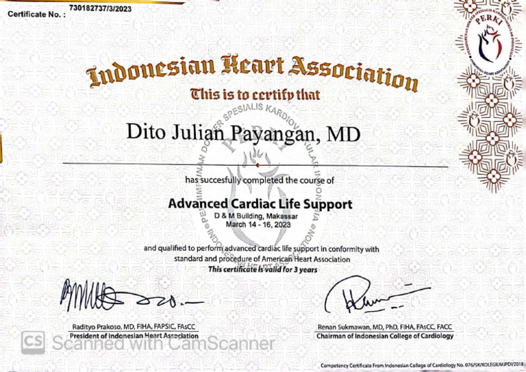 Sertifikat ACLS Dr. Dito Julian Payangan | PDF