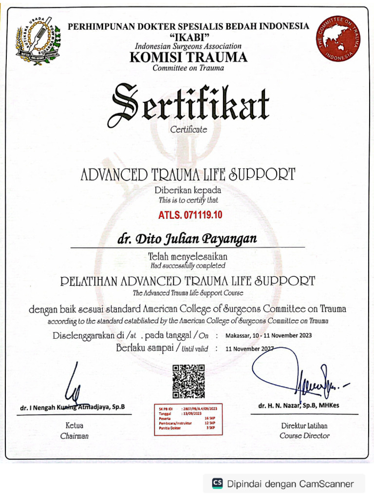 Sertifikat ATLS Dr. Dito Julian Payangan | PDF
