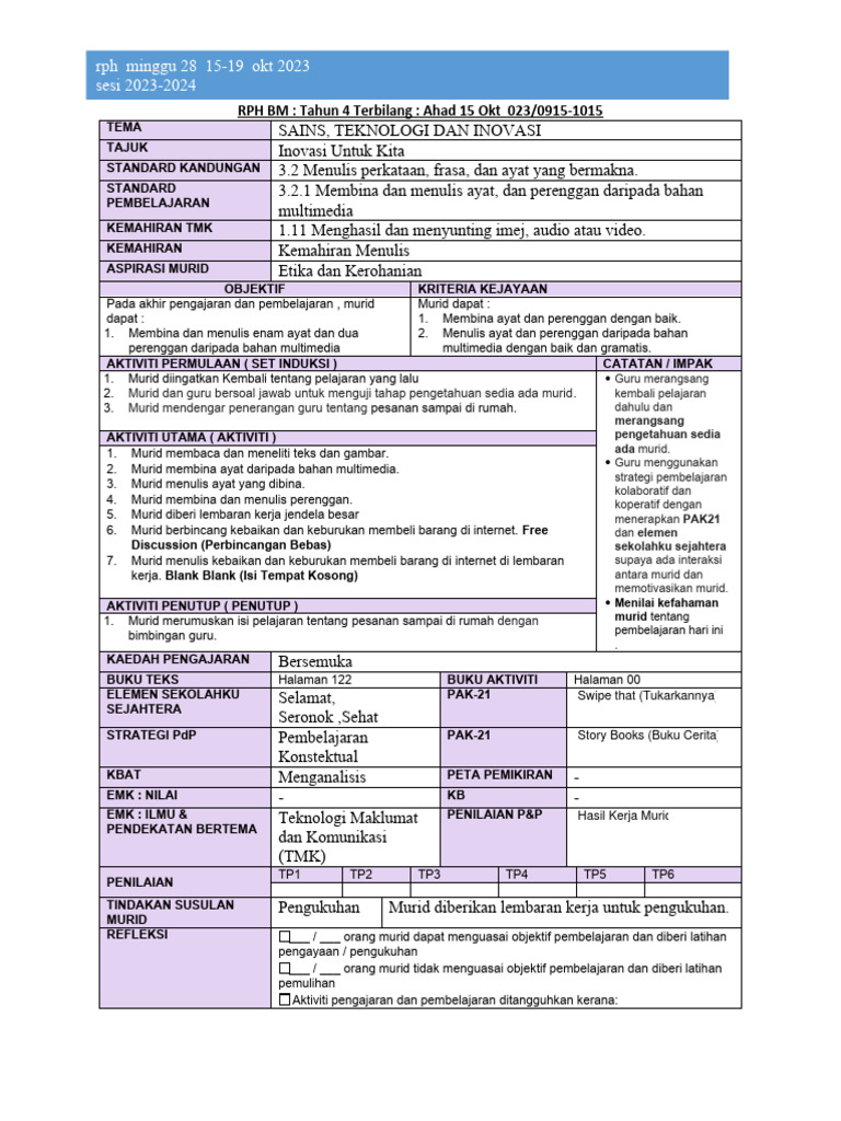 RPH MINGGU 28 15-19 Okt | PDF | Karier & Perkembangan