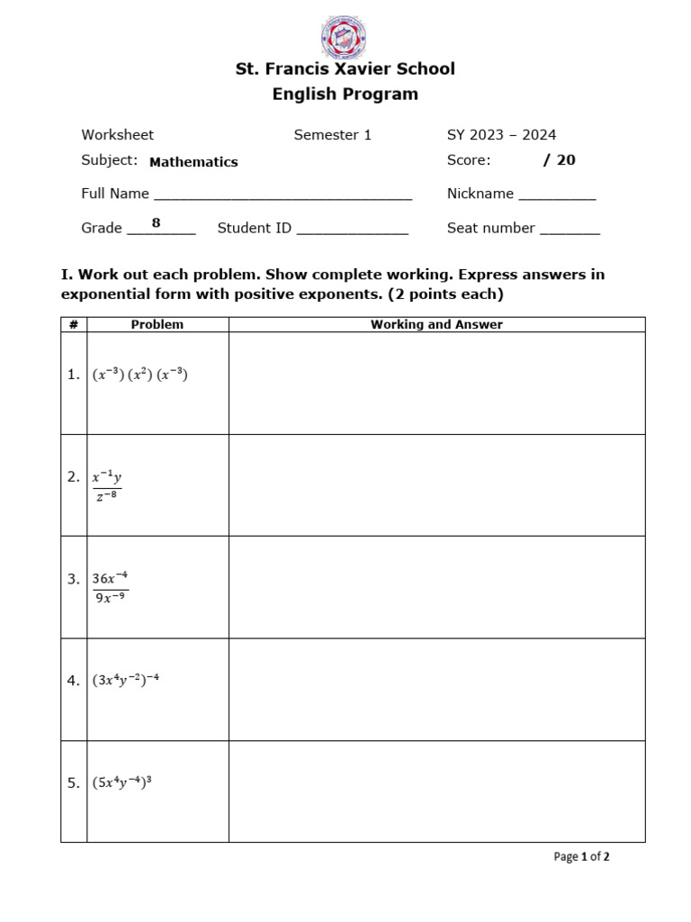 Worksheet 6. Laws of Exponents and Algebra | PDF