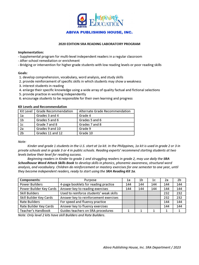 SRA Reading Laboratory Program 2020 Edition Summary of Features and Components | PDF