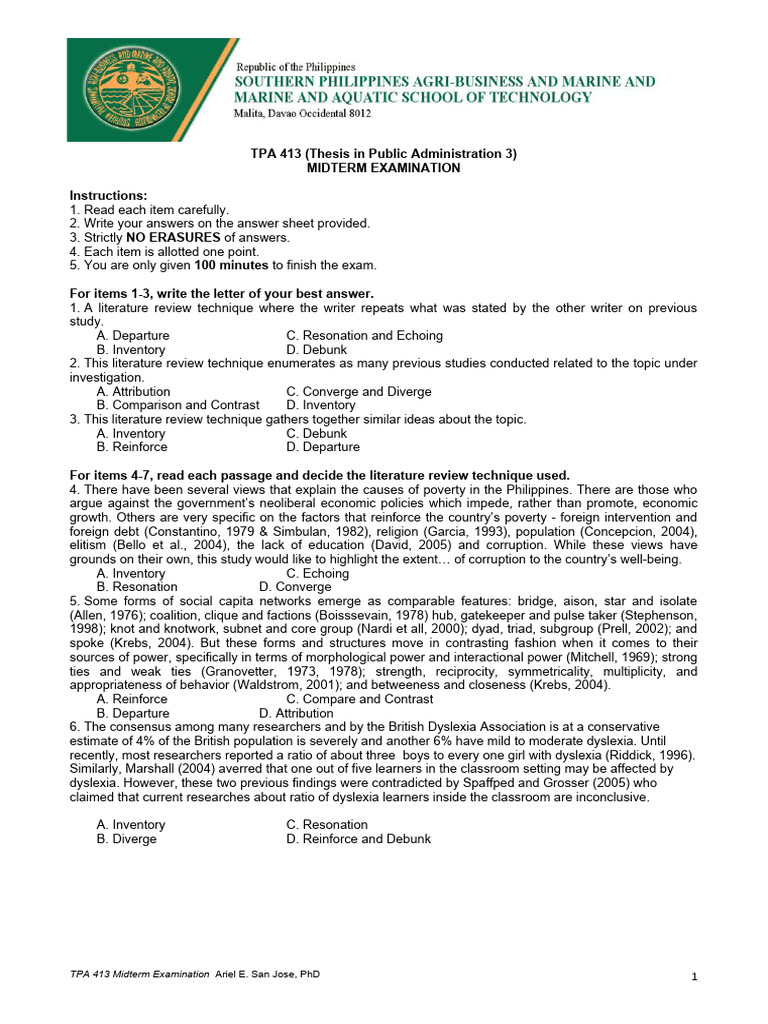 MIDTERM EXAM TPA 413 1st Sem 2022-2023 | PDF