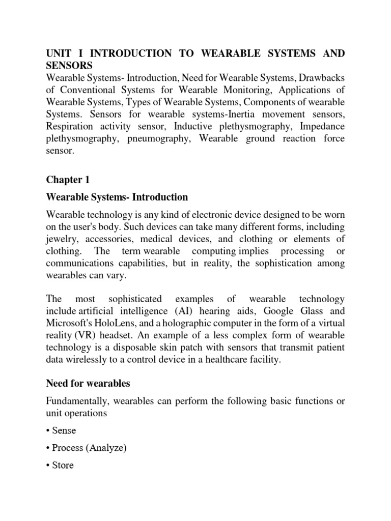 Unit I Introduction To Wearable Systems and Sensors | PDF | Wearable Technology | Accelerometer