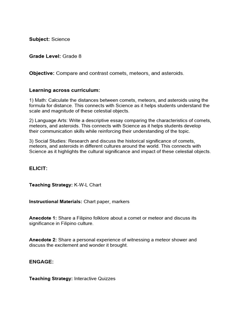 Lesson Plan - Comets, Meteors, and Asteroids. | PDF
