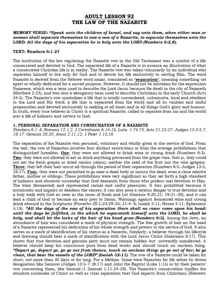 Adult STS Lesson 92 - The Law of The Nazarite | PDF