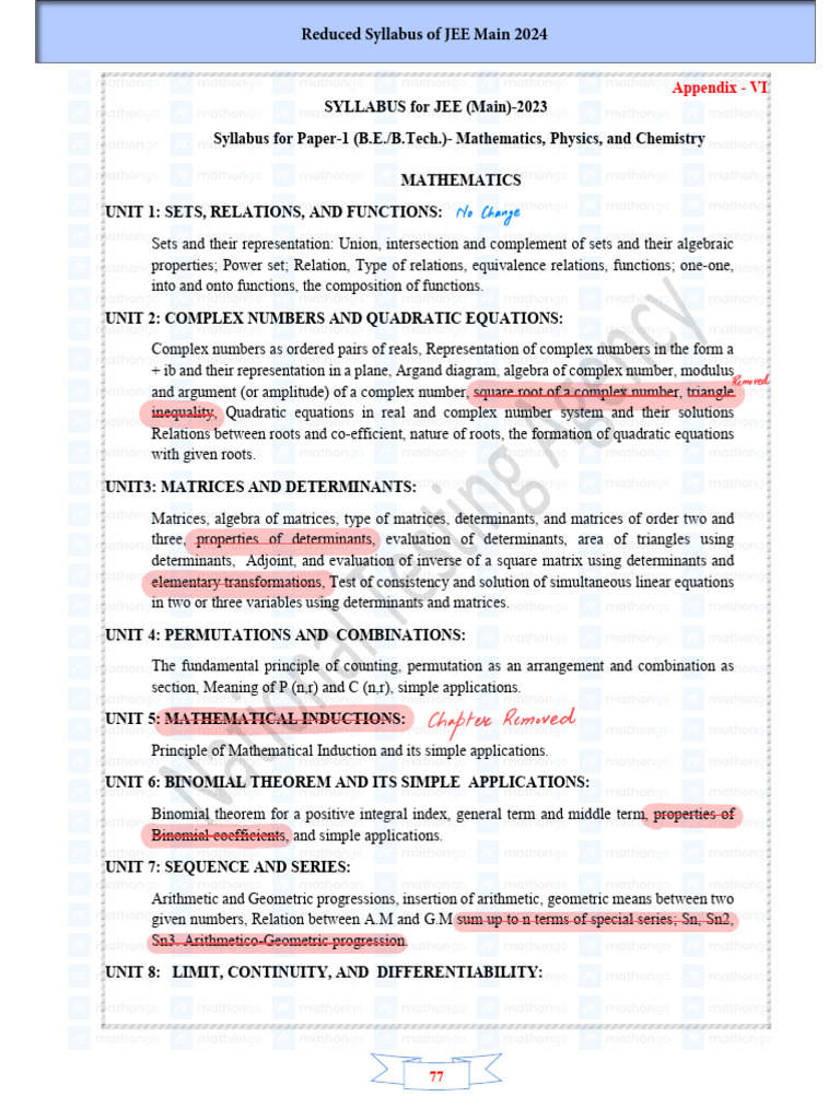 Reduced Syllabus of JEE Main 2024 - Mathematics | PDF