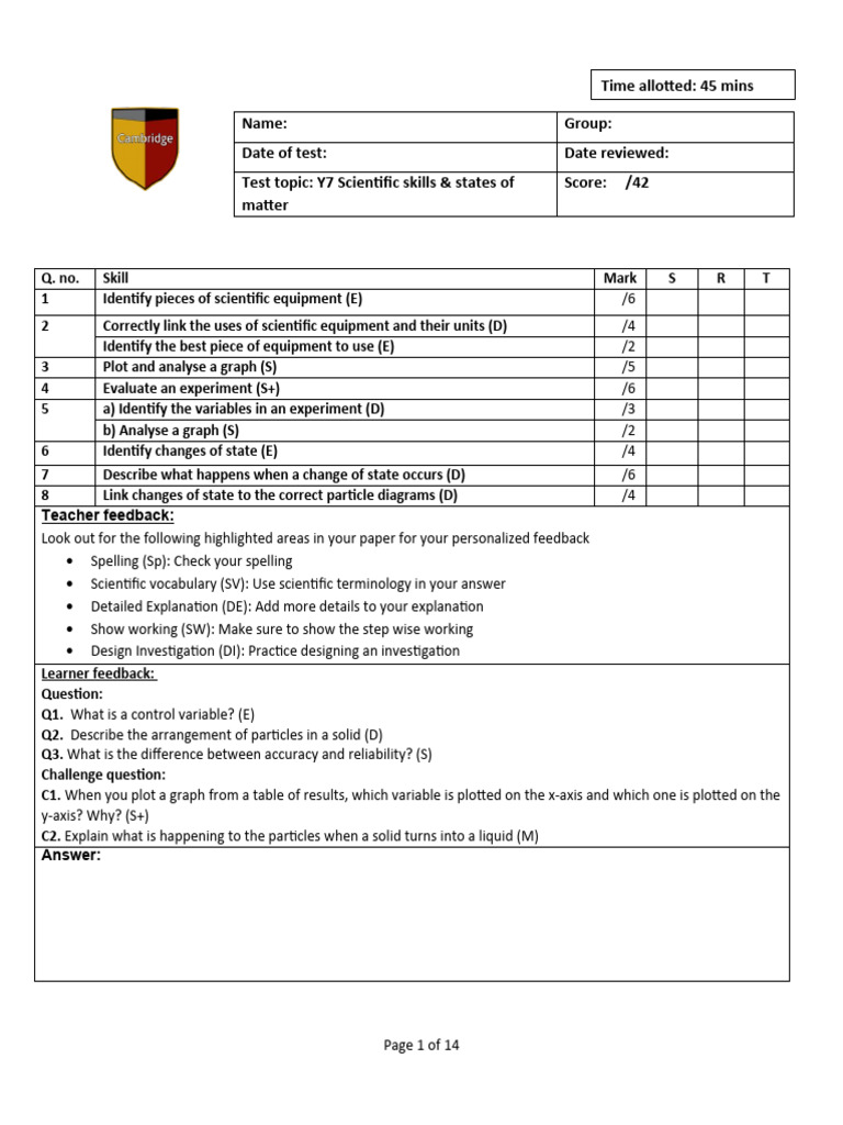 Y7 - Test - Scientific Skills | PDF | Melting Point | Metals