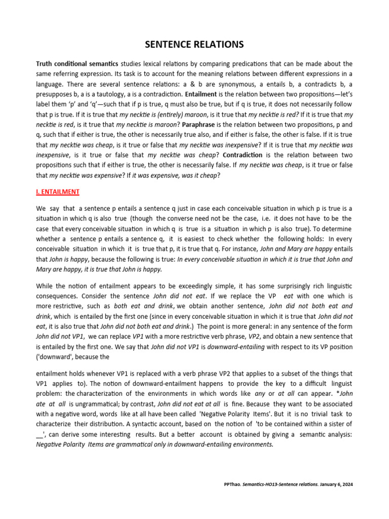 Semantics: Sentence Relations Guide | PDF | Contradiction | Logical Consequence