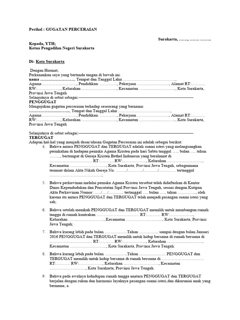 Contoh Gugatan Cerai Di Pengadilan Negeri Unt Non Muslim | PDF
